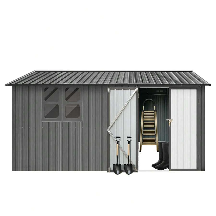 10 X 12 Ft Metal Outdoor Storage Room With Windows, Lockable Tool ...