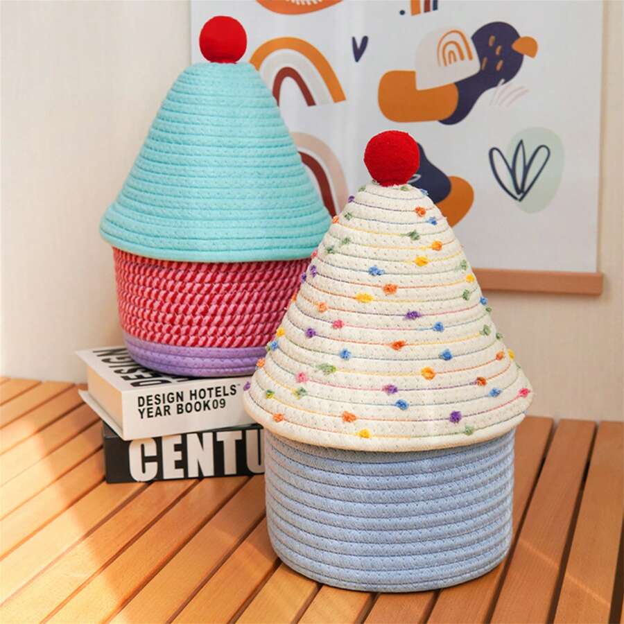 Small Rope Basket With Lid, Small House Shaped Woven Storage Organizer ...