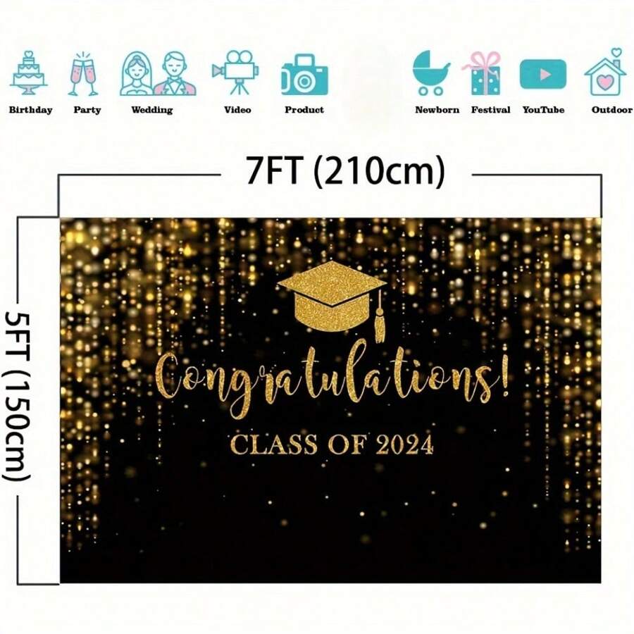 2025 Graduation Backdrop - Shiny Black And Gold Sparkling Ripple Design ...