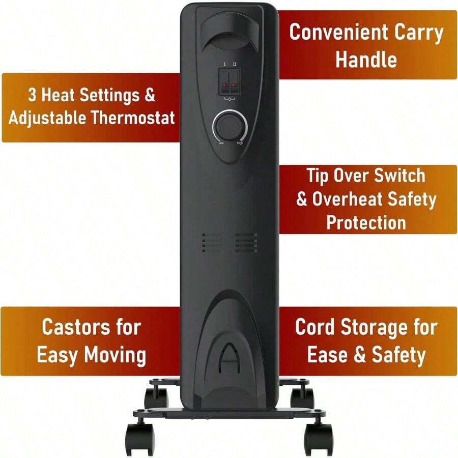 MYLEK Oil Filled Heater Radiators 2000W Electric Portable Black Heaters Adjustable Tat 3 Heat ...