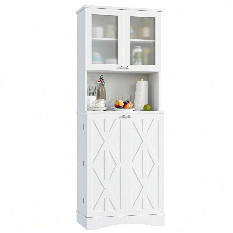 Homfa Farmhouse Kitchen Pantry With Microwave Shelf 4 Doors Food ...