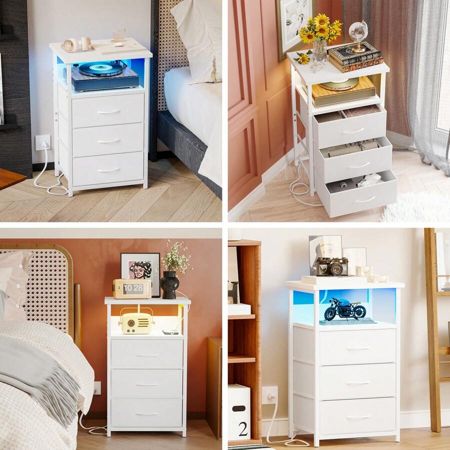Bedside Table With Charging Station, LED Nightstand With USB Ports And ...