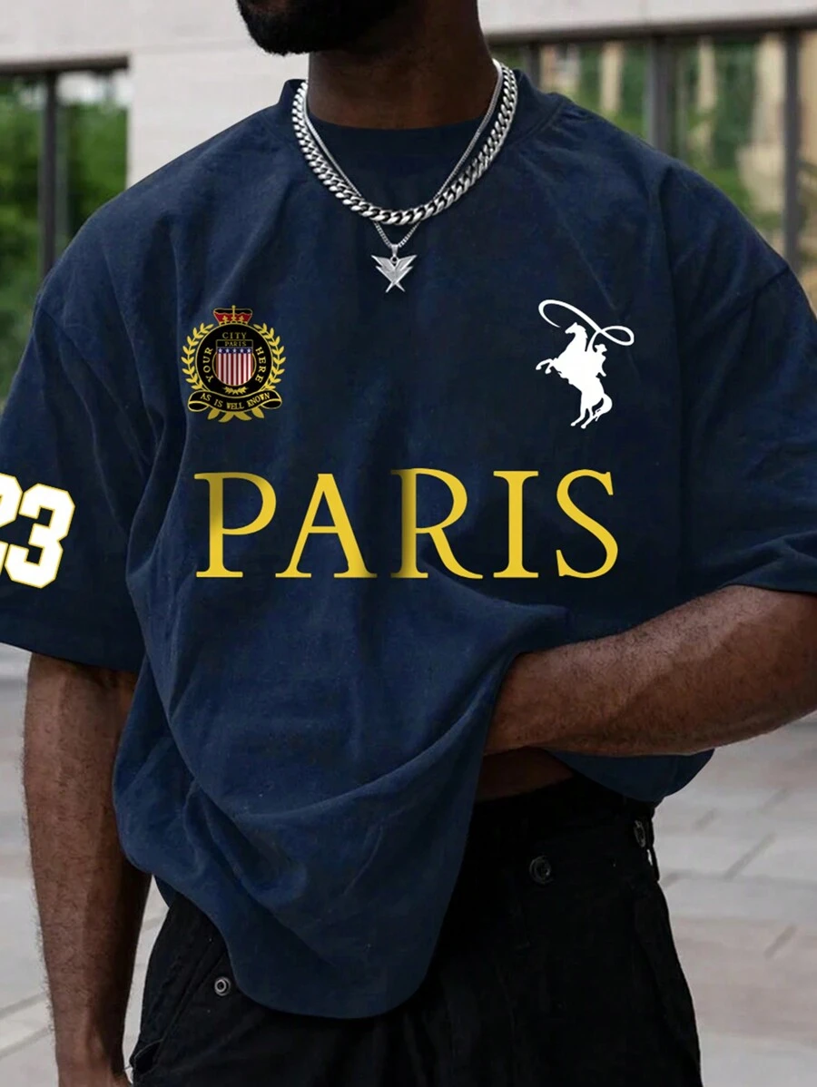 Men's Simple Paris Badge Letter Print Round Neck Short Sleeve T-Shirt ...