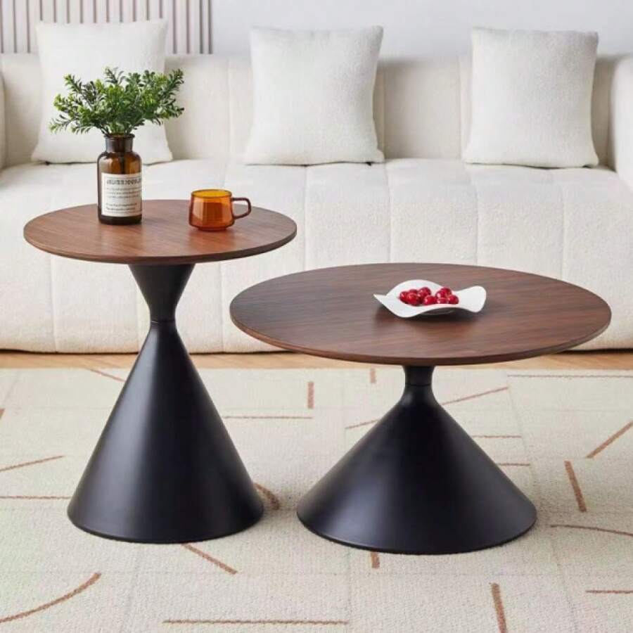 Set Of 2 Coffee Round Tables With A Wulnut WOODEN-Look Top And Black ...