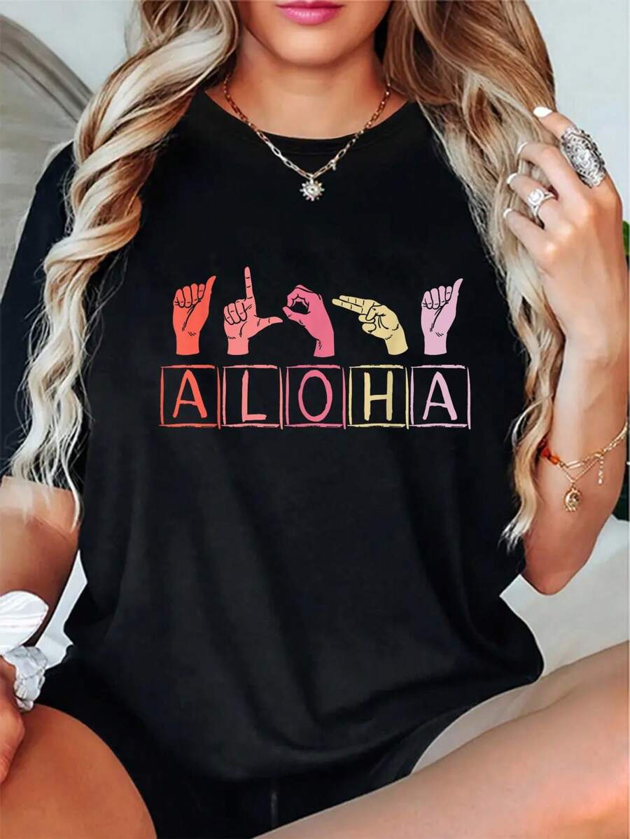 Aloha Hand Sign Language American ASL Teacher Hawaiian T-Shirt | SHEIN USA
