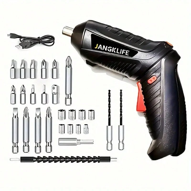 JANGKLIFE 27pcs Small Hand-Held Electric Screwdriver Set, 90° Rotatable Foldable Hand Drill ...