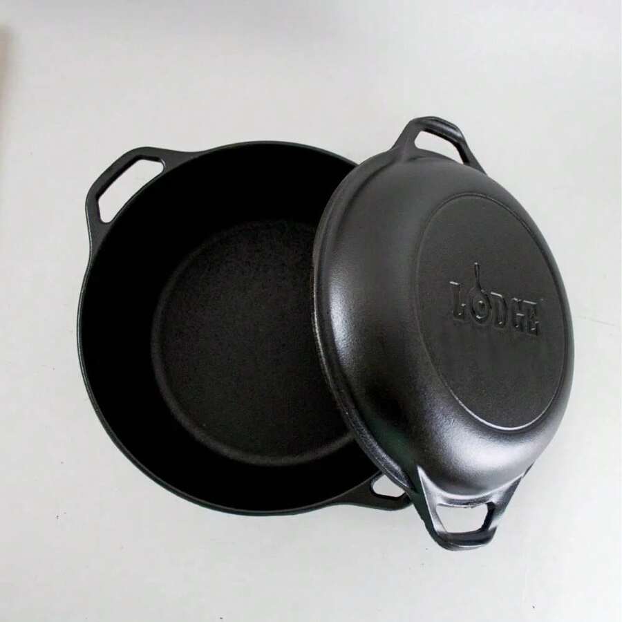 )Lodge Cast Iron 5 Quart Seasoned Double Dutch Oven Nonstick Surface ...