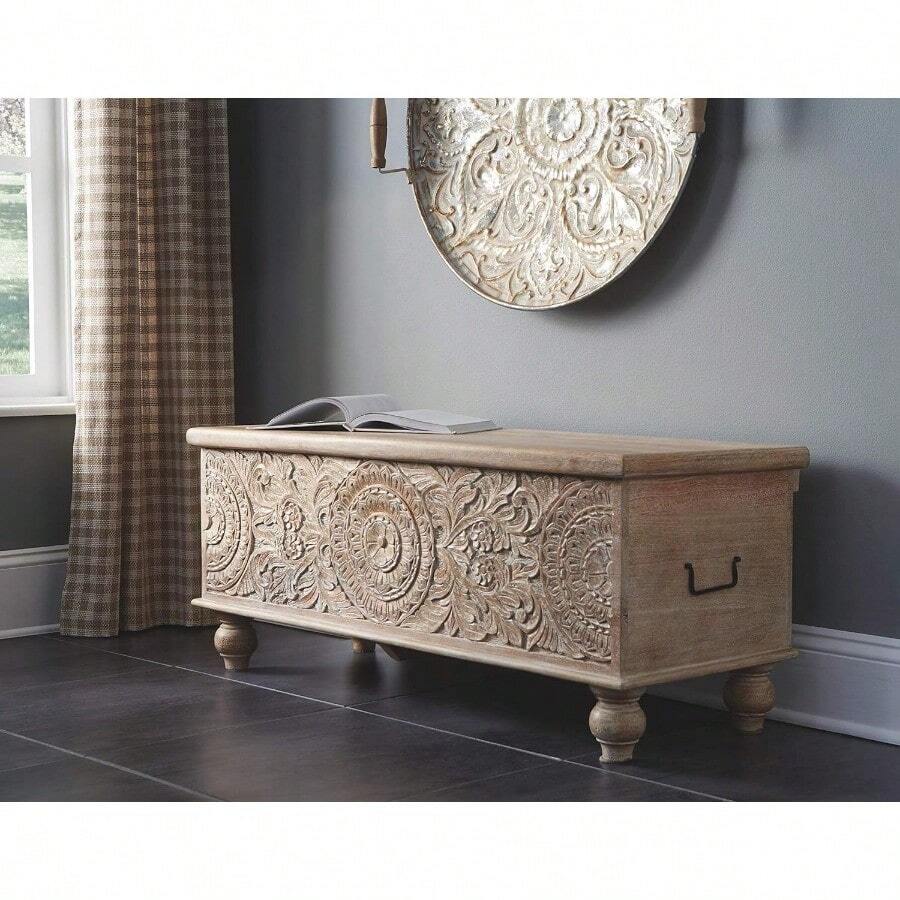 Signature Design Of Bohemian Carved Wood Storage Stool With Hinge Top ...