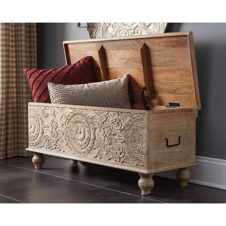 Signature Design Of Bohemian Carved Wood Storage Stool With Hinge Top ...