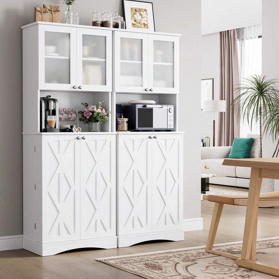 Homfa Farmhouse Kitchen Pantry With Microwave Shelf 4 Doors Food ...