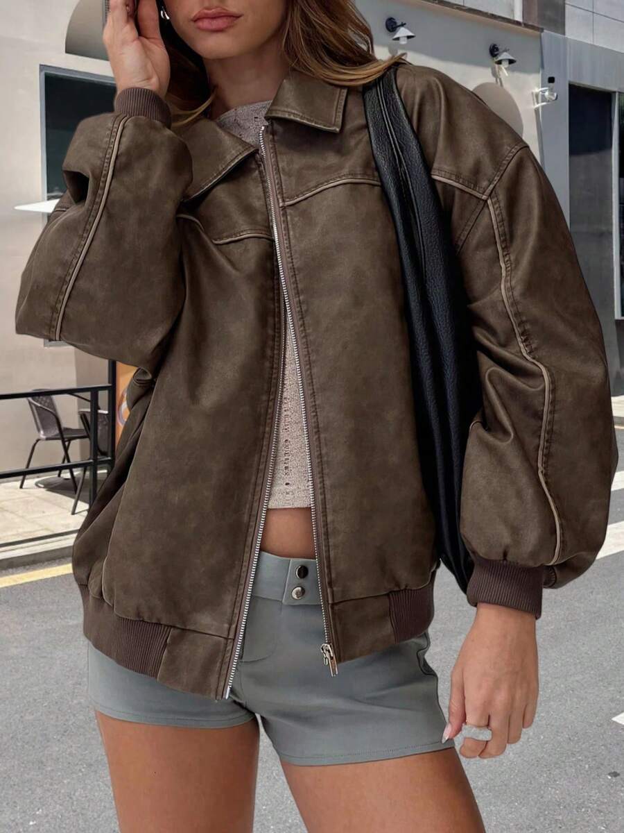 Women Faux Leather Jacket Y2k Zip Up Bomber Motorcycle Jackets Moto ...