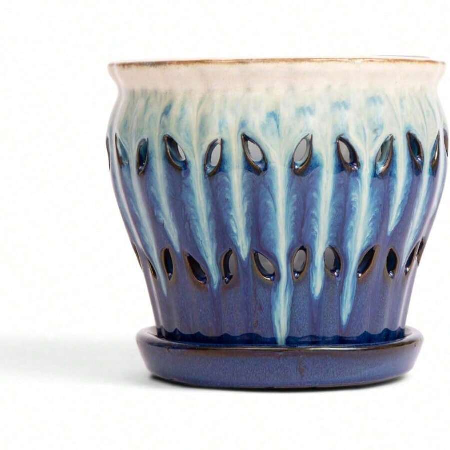 Orchid Pot - 6 Inch Premium Ceramic Planter - Pinwheel Fluted (Sky Blue ...