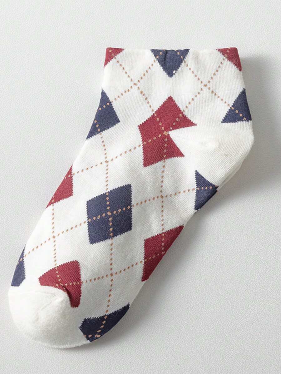 5 Pairs Women's Short Socks, European & American Style Rhombus Contrast ...