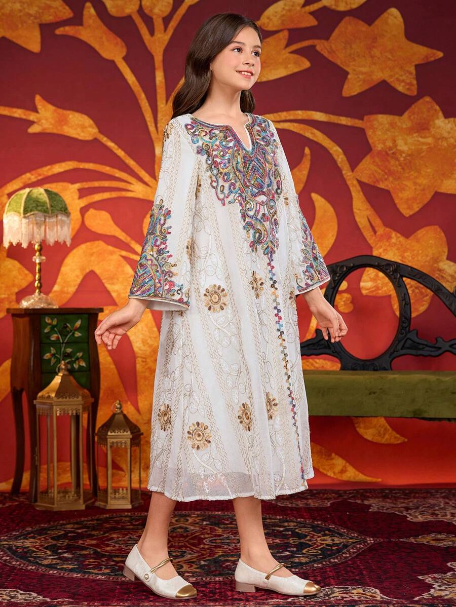 Tween Girl Long Robe Dress, Arabic Dubai Embroidered Rhinestones Decor ...