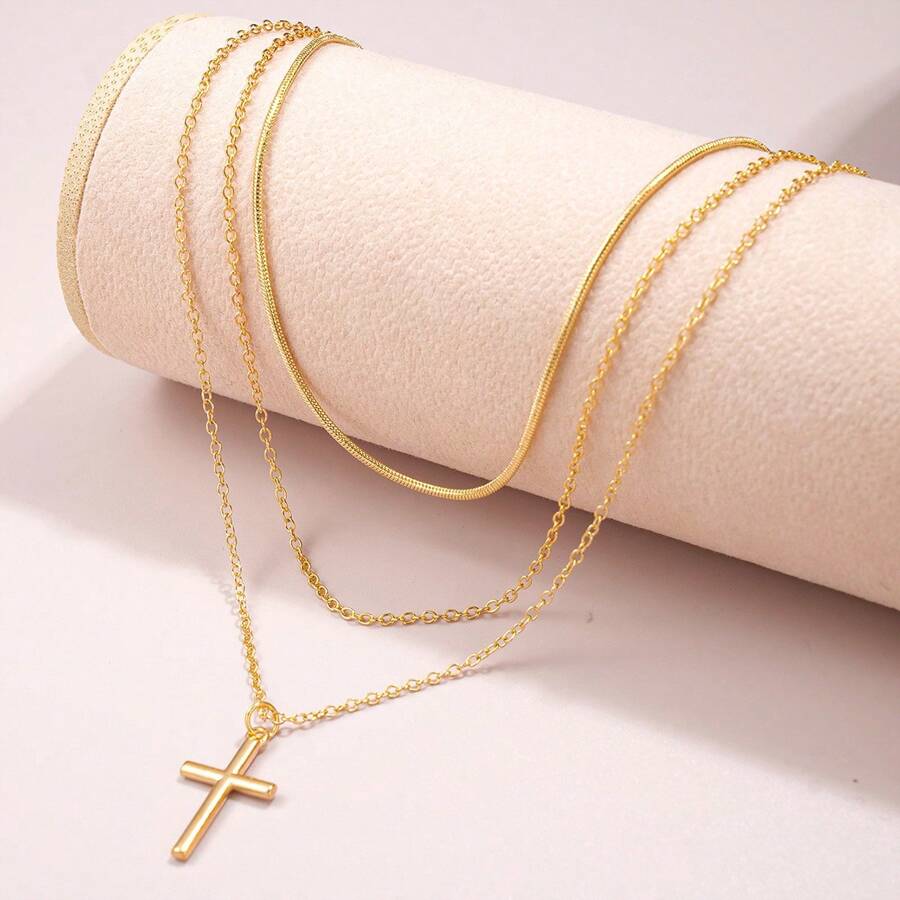 Colar de cruz de ouro para mulheres, versátil, corrente de cobra, estrangulamento, colar de três ...