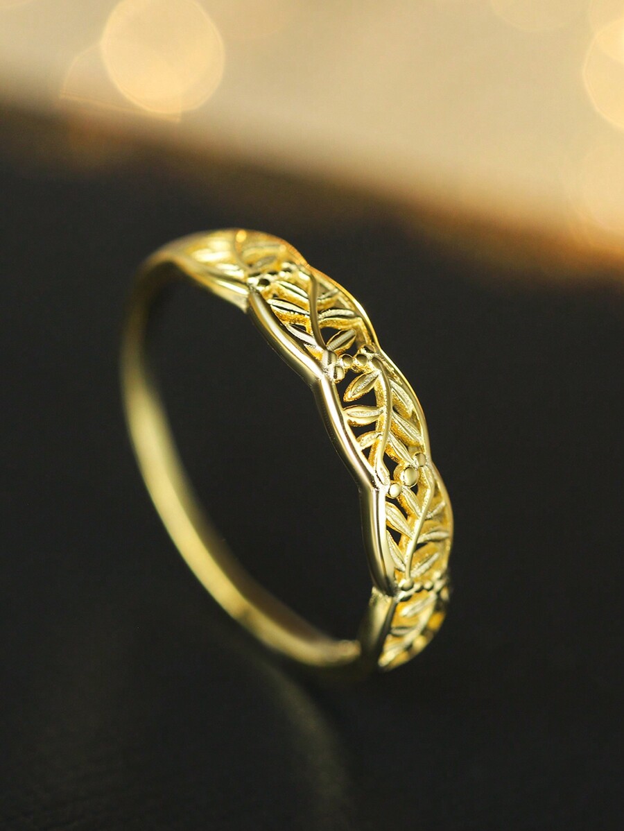 European & American Style S925 Sterling Silver 14K Gold Plated Hollow Leaf Design Ring, Small ...