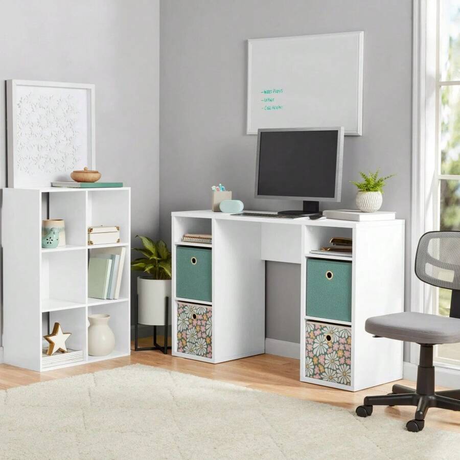 4-Cube Storage Desk, White Grain Spacious Desk With A Total Of 6 Closed ...