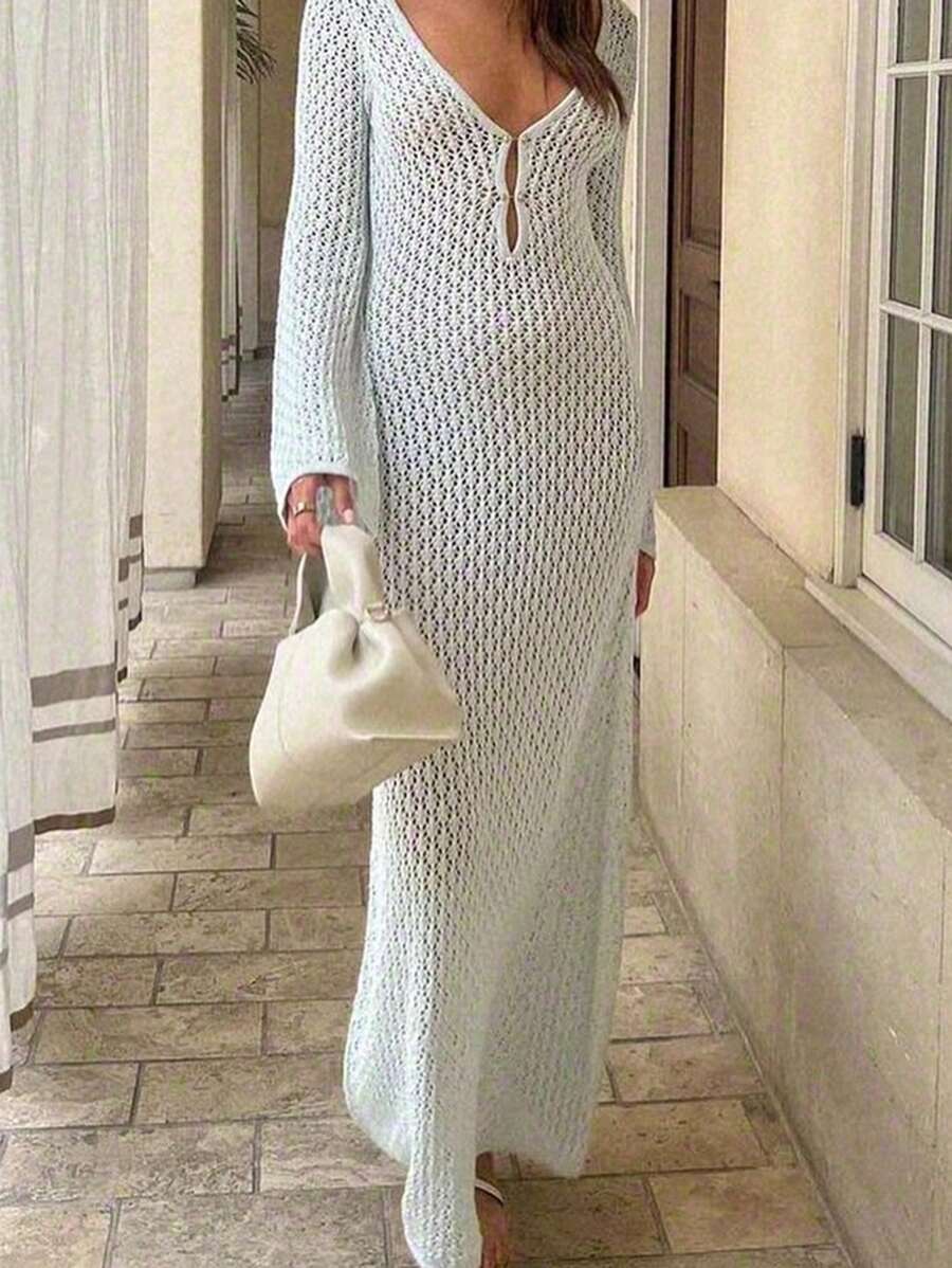 Spring-Summer Crocheted V-Neck Backless Ruched Waist Bodycon Dress For ...