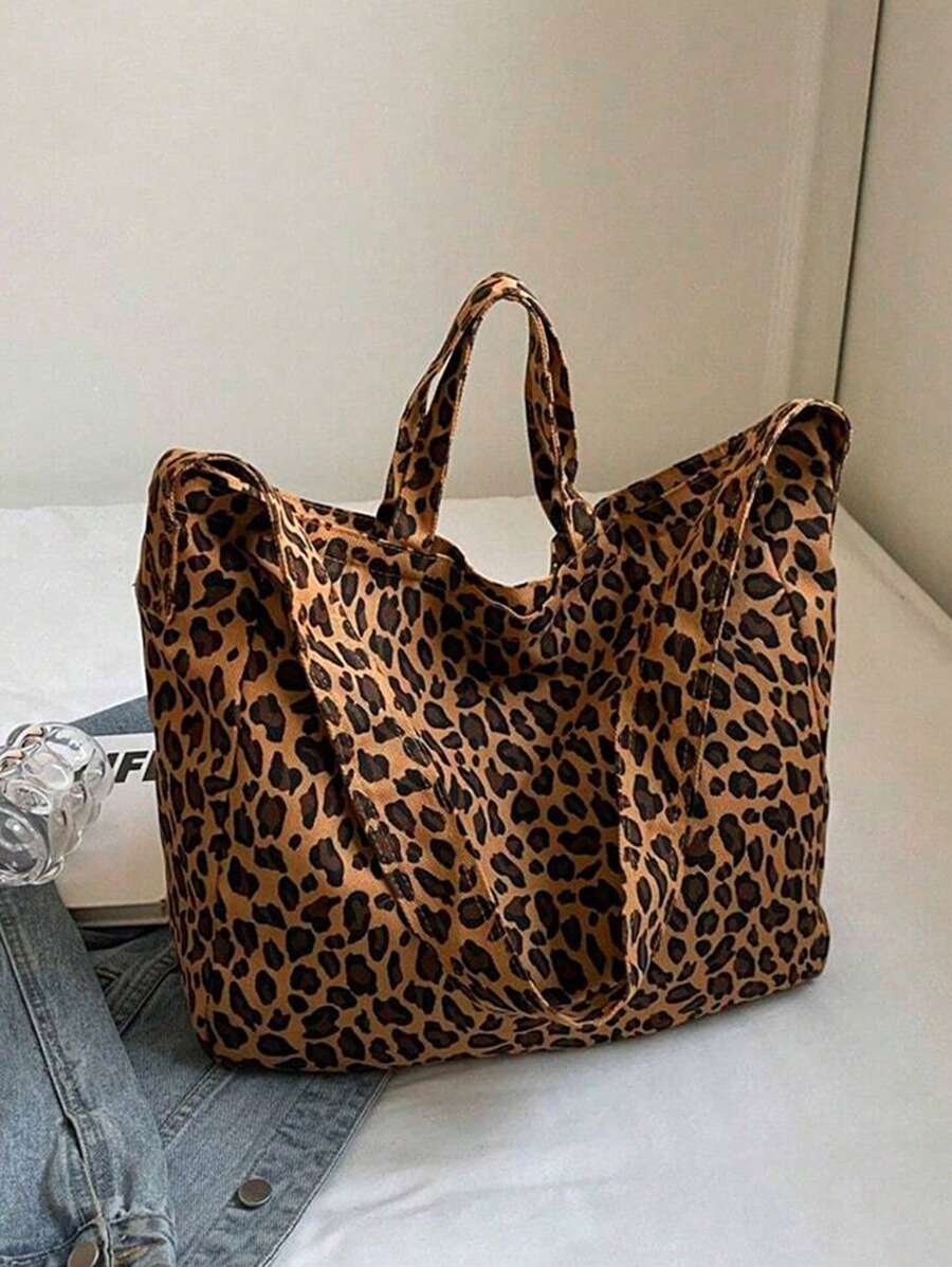 Leopard Print Canvas Commuting Shoulder Bag, Slouchy Style Bag, Women's New Fashion Handbag ...