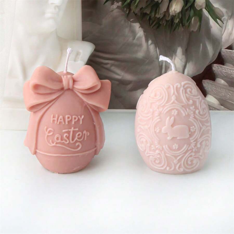 Relief Rabbit Easter Egg Silicone Candle Molds Lily Flower Bunny Gypsum ...