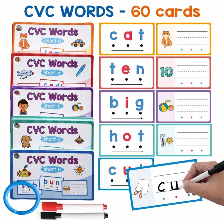 Lachilly 60 Cartões Flashcard de Palavras CVC, Aprendizado de Fonética ...