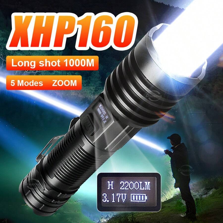 Super Bright XHP160 Powerful LED Flashlight 6 Modes High Power Long Range Tactical Flashlight ...