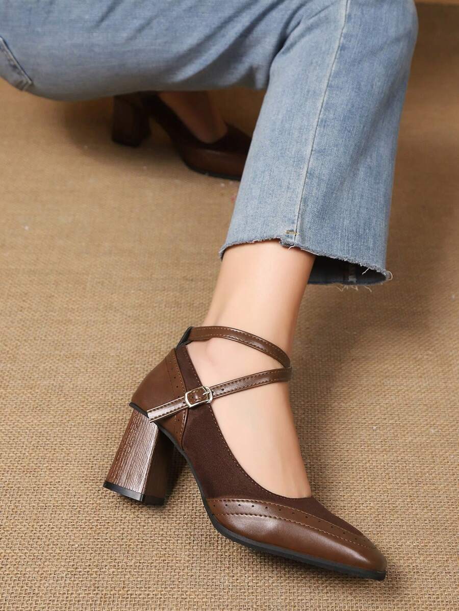 Talons hauts à bout carré, talon épais, boucle et bride pour femmes ...