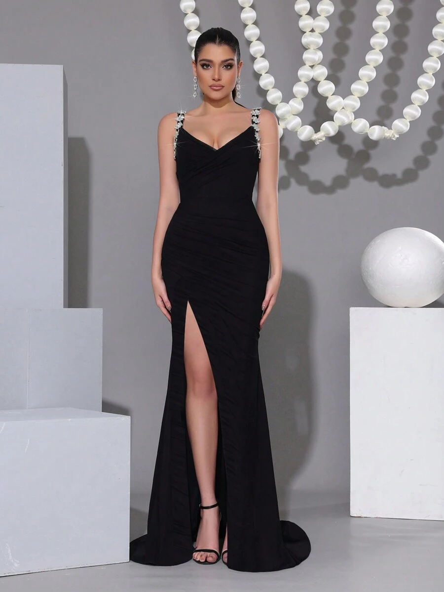 Modphy Novo Vestido Longo Preto Colado, Sexy, com Decote em V, Sem ...