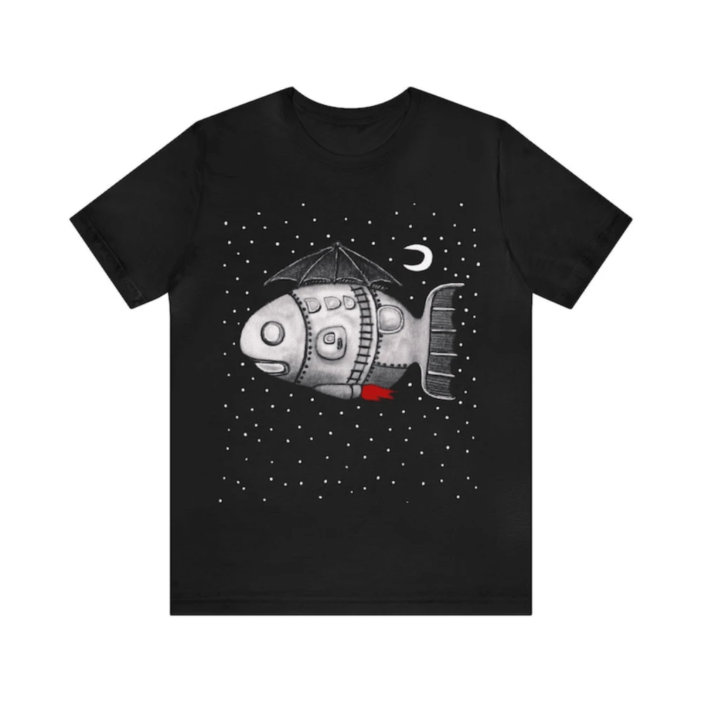 STRAIGHT CUT T-Shirt Fish Contraption Alien Spaceship Folk Art Quirky ...
