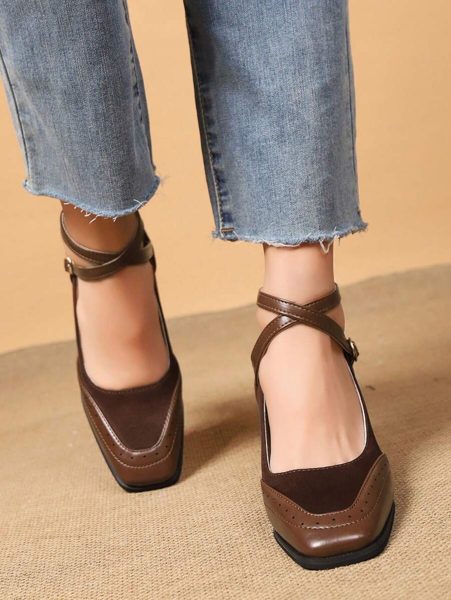 Talons hauts à bout carré, talon épais, boucle et bride pour femmes ...