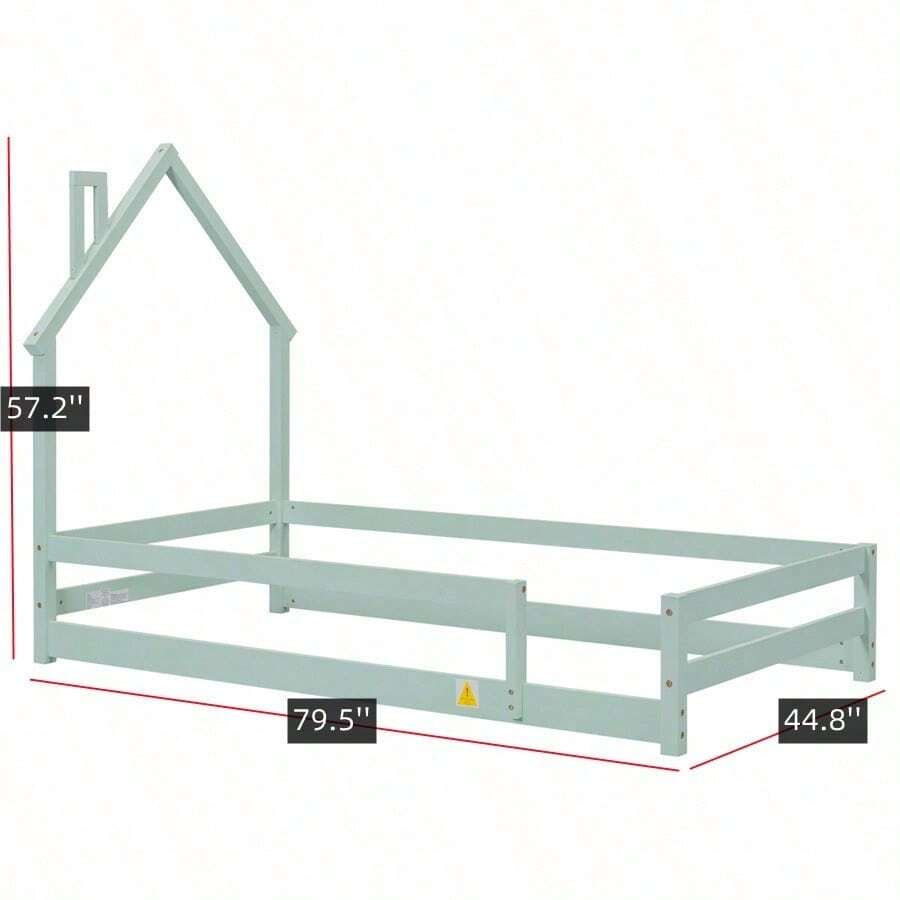 Light Green Double Solid Wood Bed, Bedroom Floor-Standing Bed Frame ...