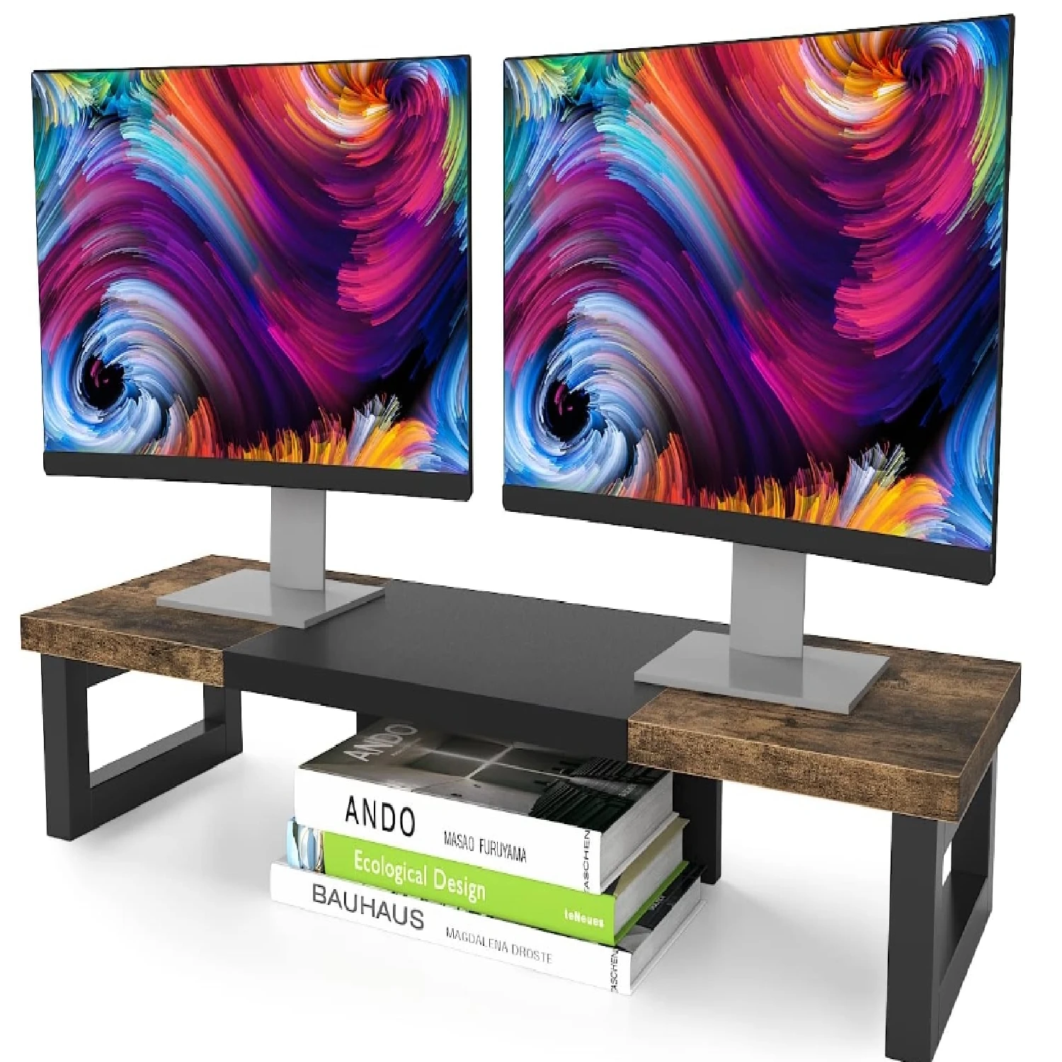 Dual Monitor Stand Riser, Wood And Steel Monitor Stand Riser, Computer ...