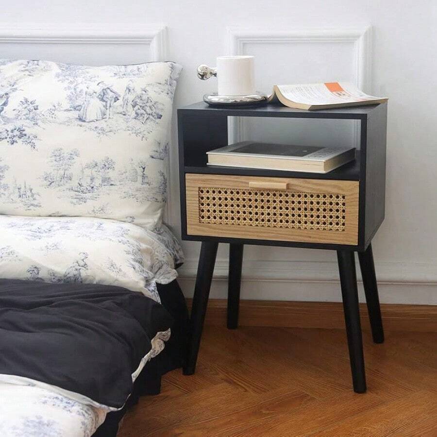 Modern Bedside Table Rattan Side Table With Storage Bedside Farmhouse ...