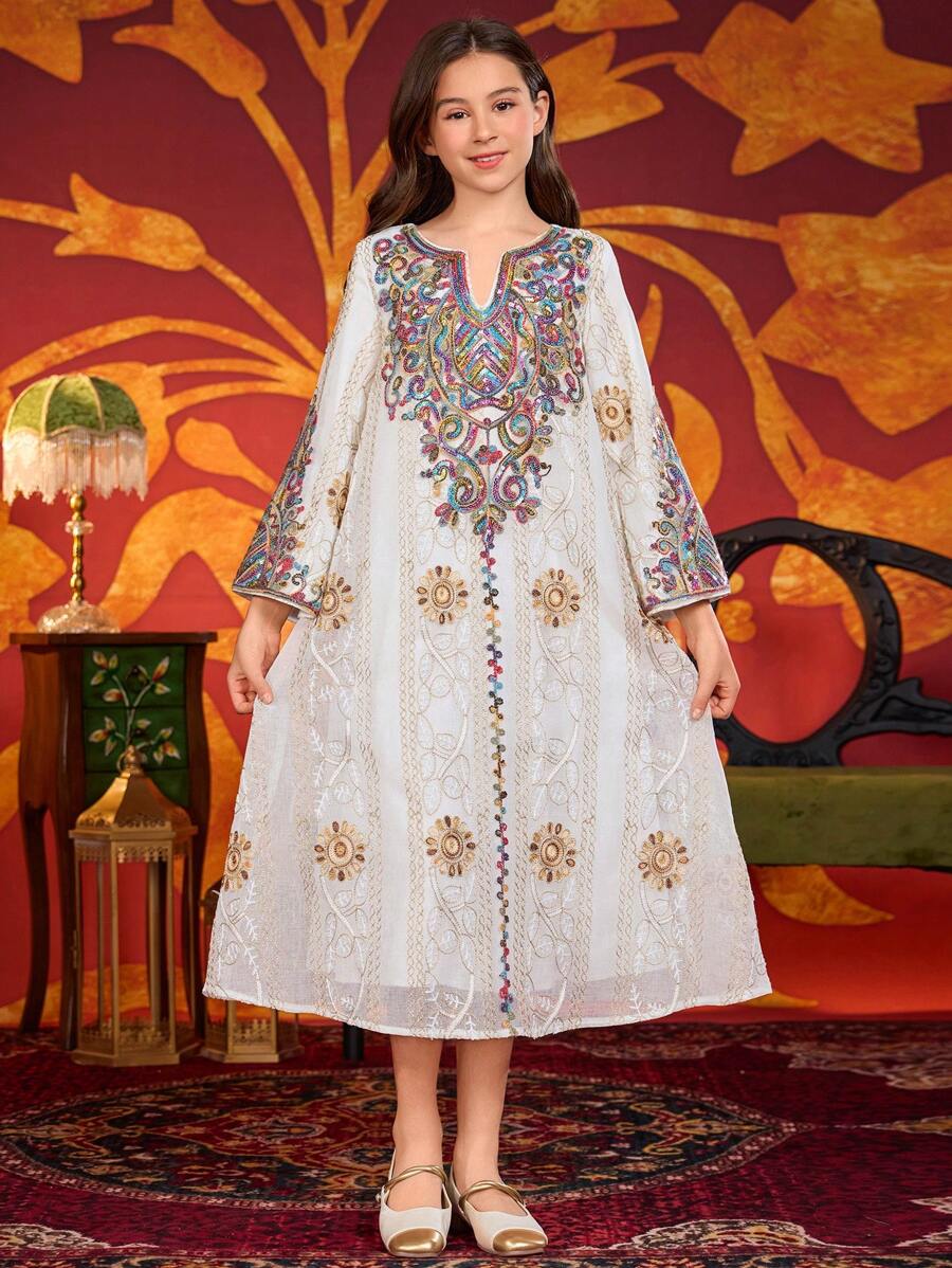 Tween Girl Long Robe Dress, Arabic Dubai Embroidered Rhinestones Decor ...