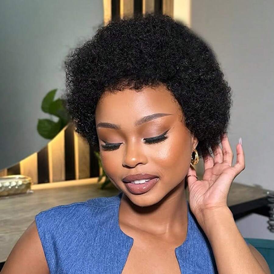 Natural Fluffy Afro Kinky Curly Wigs For Women Full Machine Made 4-6 ...