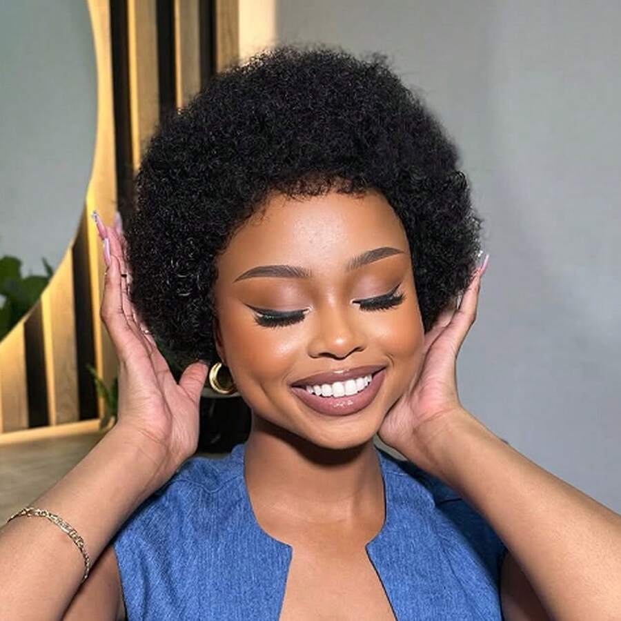 Natural Fluffy Afro Kinky Curly Wigs For Women Full Machine Made 4-6 ...