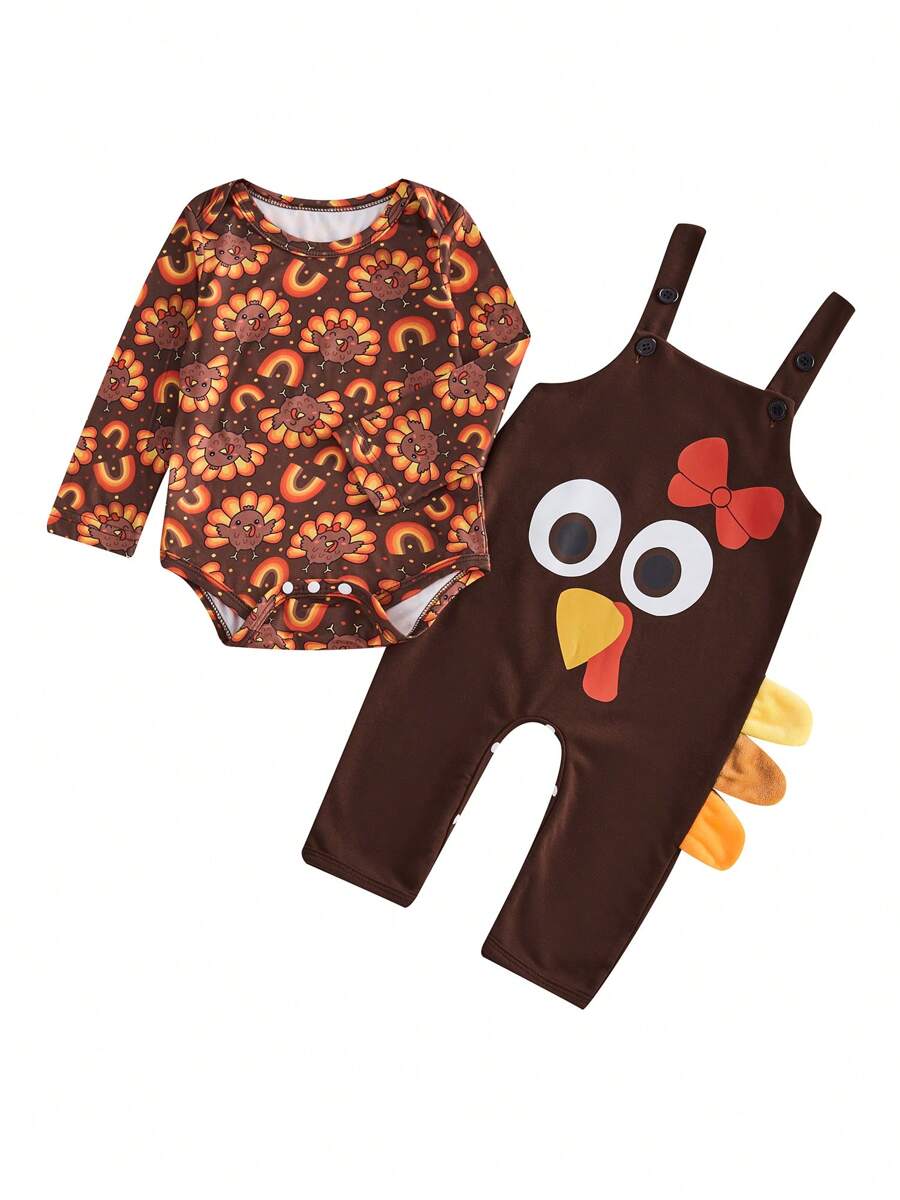 Baby Girl 2Pcs Thanksgiving Outfits Long Sleeve Turkey Print Romper + Overalls Set Infant ...