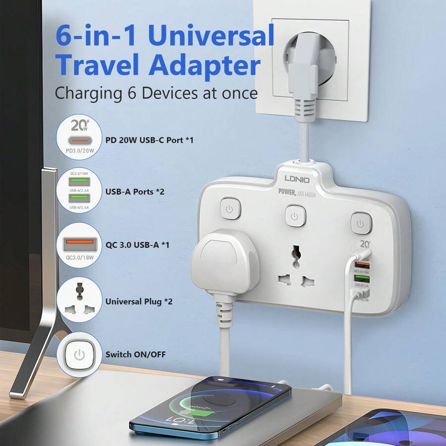 HITRENDS 6-In-1 Multi-Socket With Switch, Power Strip With 3 USB A And ...