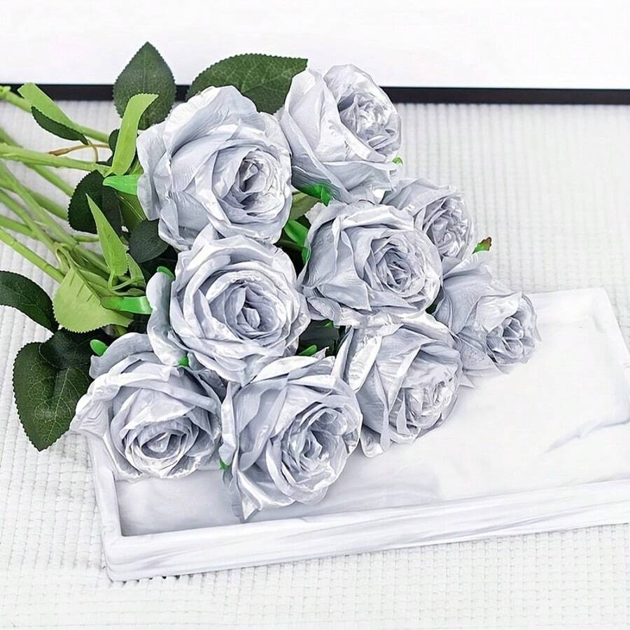 Glam Style Silver Artificial Roses - 15pcs Realistic Plastic Single ...