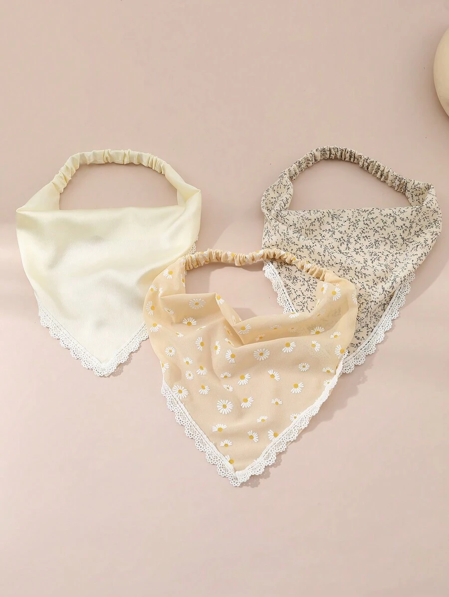 3pcs Women's Minimalist Lace Floral Print Headbands, Elastic Hair ...