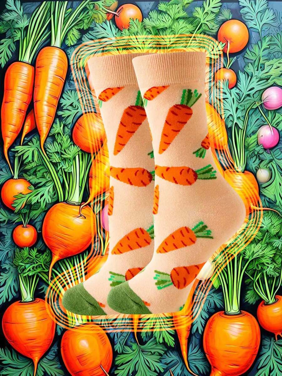 1 Pair Women Cute Cartoon Carrot Pattern Crew Sock For Daily , Sport ...