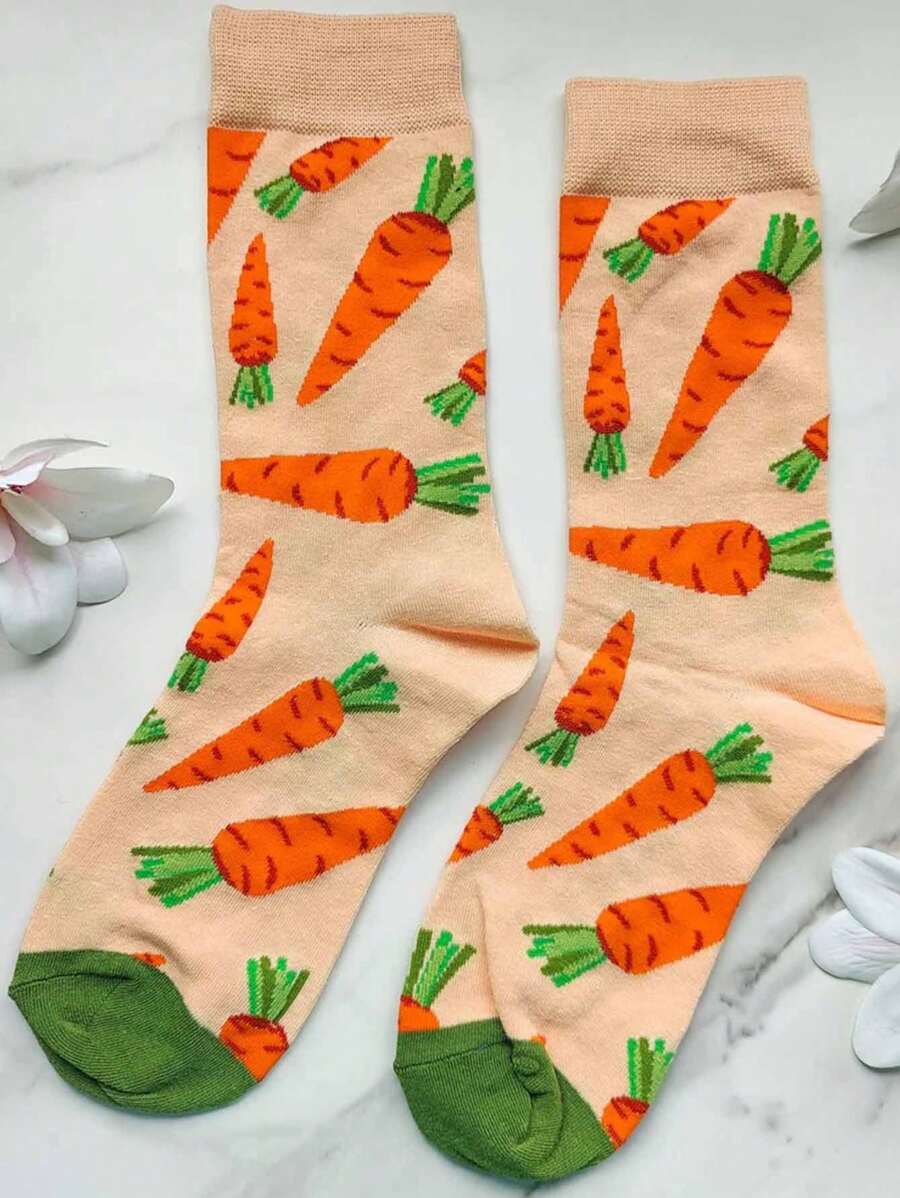 1 Pair Women Cute Cartoon Carrot Pattern Crew Sock For Daily , Sport ...