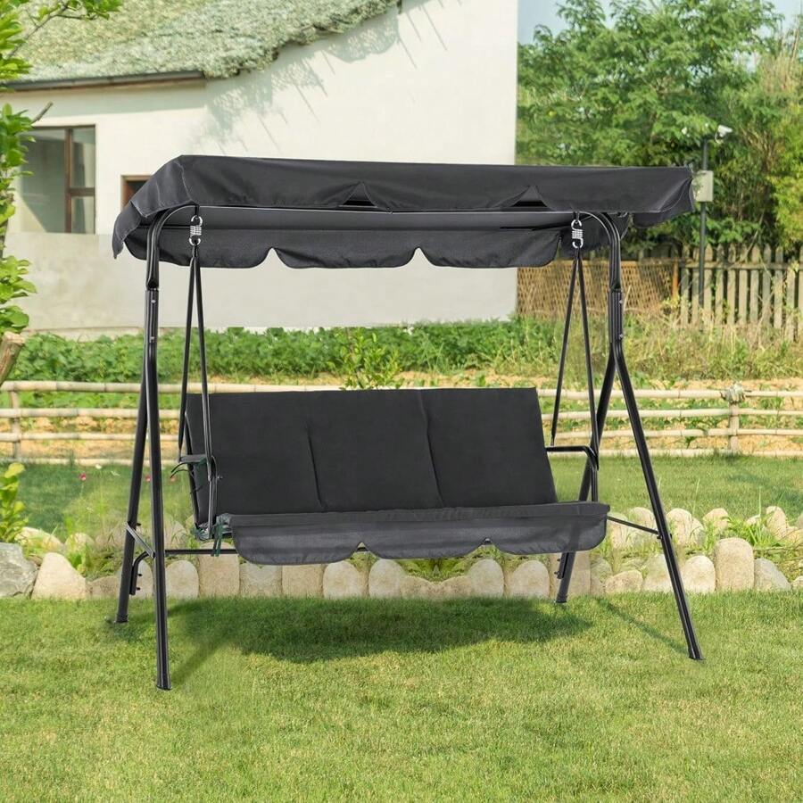 3-Person Outdoor Patio Swing Chair, Convertible Canopy Hanging Swing ...
