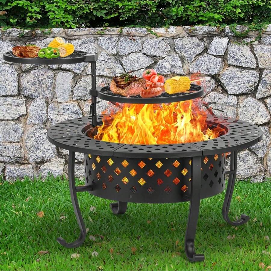 36 Inch Fire Pit With 2 BBQ Grills, Wood Burning Fire Pits For Outside ...