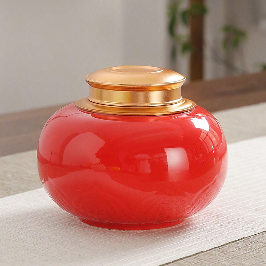 Ceramic Tea Jar With Chinese Knot And Lotus Floral Design, Glazed ...