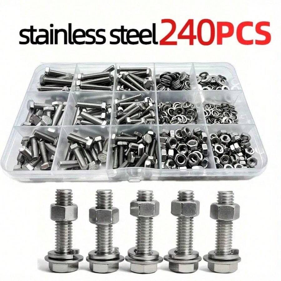 240pcs Stainless Steel Hex Head Bolt And Nut Assortment Set - M4 M5 ...