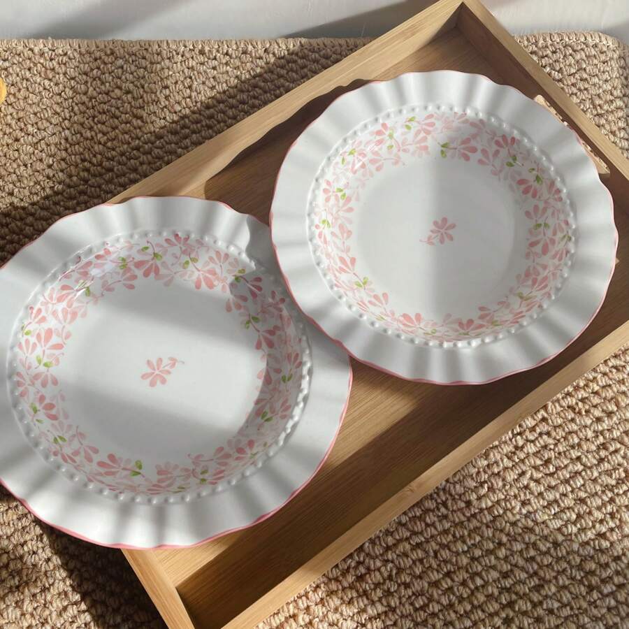 2pcs Pink Floral Dinner Plate, Pasta Plate, Salad Plate, Fruit Plate ...