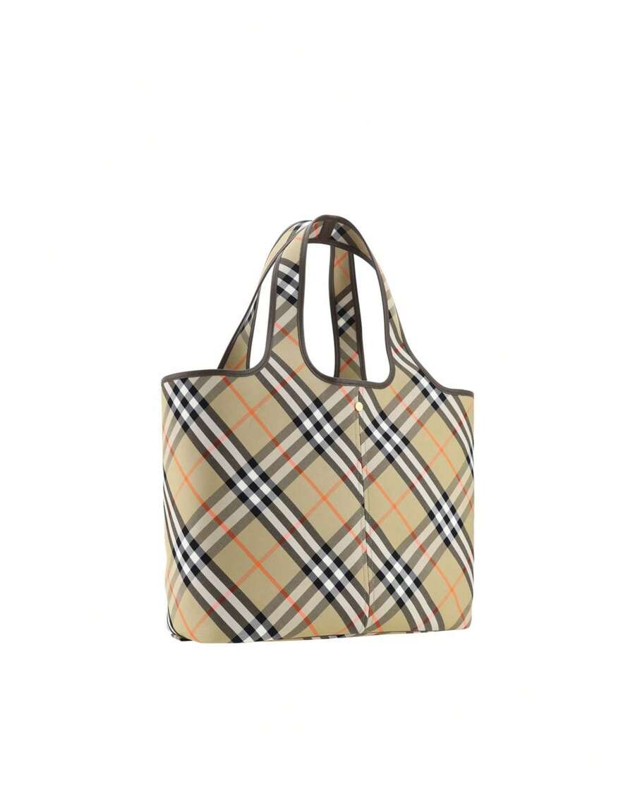 Burberry Cotton Tote Bag With Iconic Check Pattern And Leather Trim ...