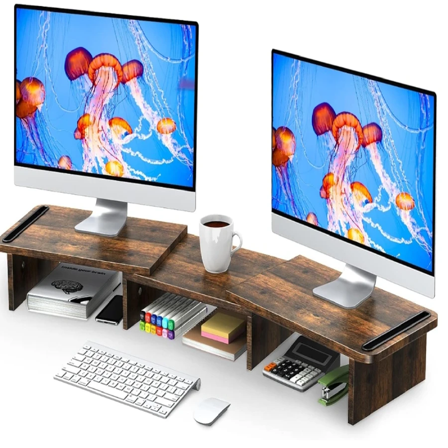 Dual Monitor Stand Riser, With Adjustable Length And Angle, Wood For ...