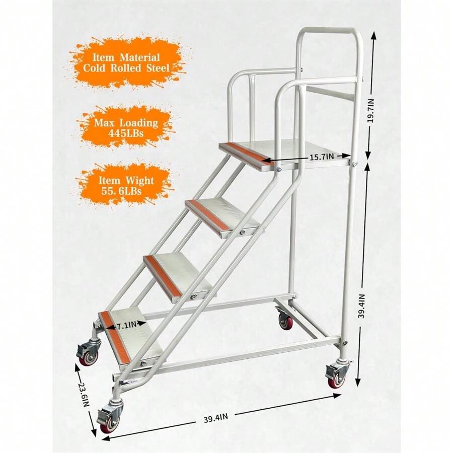 4 Steps Ladder With Wheels, Industrial & Warehouse Step Ladder, Rolling ...